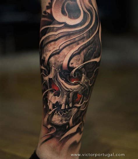 Black And Grey Skull Tattoo On The Right Calf