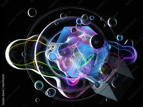 3d Render Of Abstract Art With Surreal Composition With Flying Spheres Bubbles Rings Tours Cubes