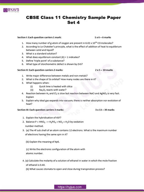 Cbse Class 11 Chemistry Sample Paper Set 4 Pdf Molecules Atomic