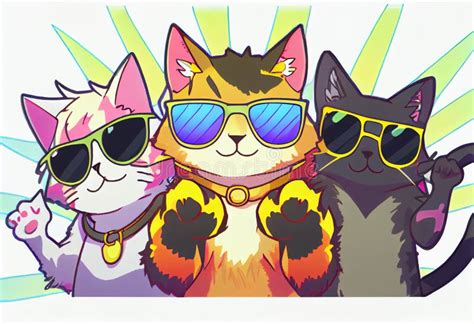 Three Cool Stylish Cats In Glasses Posing For The Camera Ai Generated