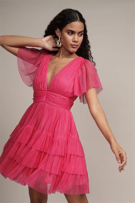 Madison Bright Pink Tulle Mini Dress Lace And Beads