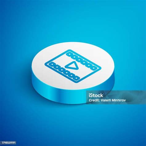 등각 투영 선 파란색 배경에 분리 된 비디오 재생 아이콘입니다 재생 기호가 있는 필름 스트립 흰색 원 버튼 벡터 3차원 형태에 대한 스톡 벡터 아트 및 기타 이미지 Istock