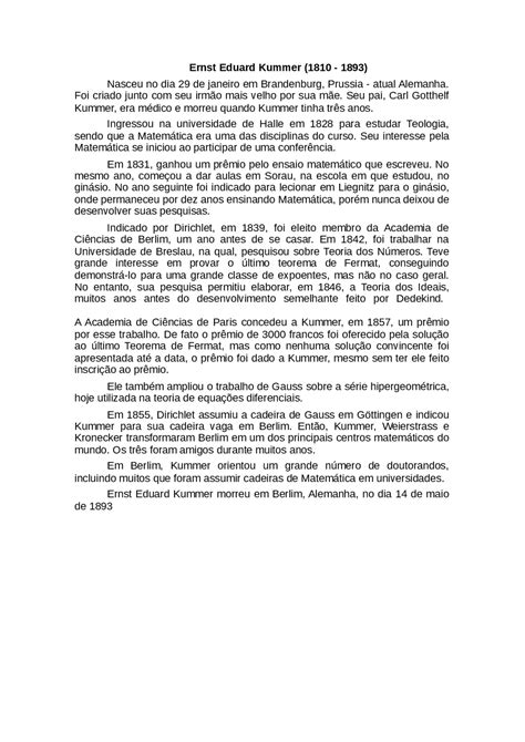 Ernst Eduard Kummer 1810 1893 Nasceu No Dia 29 De Janeiro Em Bra Fonte Ecalculo Docsity