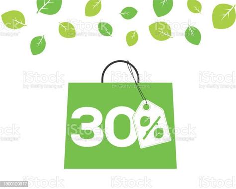 30 텍스트와 잎과 막대기 가격 태그 라벨이 있는 30의 텍스트와 퍼센트 디자인의 벡터 그린 쇼핑백이 흰색 배경에 나뭇잎이 붙어 있습니다 봄 세일 캠페인의 경우 가격에 대한