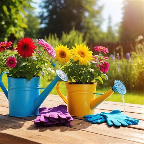 Premium Photo Watering Cans And Colorful Flowers In Garden In Spring