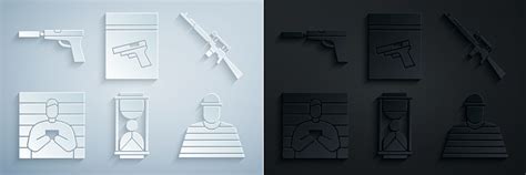 모래 저격 소총 조준경 용의자 범죄자 죄수 증거 가방 권총 또는 총 및 권총 소음기 아이콘과 오래 된 모래 시계를 설정합니다 벡터 3차원 형태에 대한 스톡 벡터 아트 및