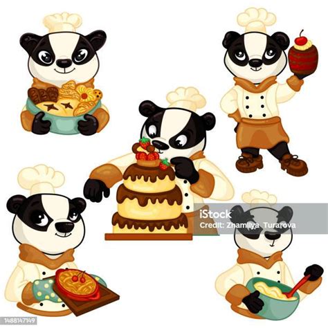 귀여운 캐릭터 페이스트리 셰프와 케이크 과자 쿠키 컬렉션이 벡터로 손으로 그려져 있고 흰색 배경에 분리되어 있다 손으로 그린 과자 요소 모음 개념에 대한 스톡 벡터 아트 및