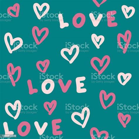 핑크 하트와 텍스트 사랑과 손 그려진 매끄러운 패턴 티셔츠 포스터 엽서 및 인쇄에 적합합니다 장식과 디자인을위한 낙서 벡터 일러스트레이션 0명에 대한 스톡 벡터 아트 및