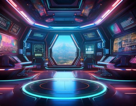 Futuristic 3d Room With Holographic Interfaces And Neon Lights Stock Image Image Of Innovative
