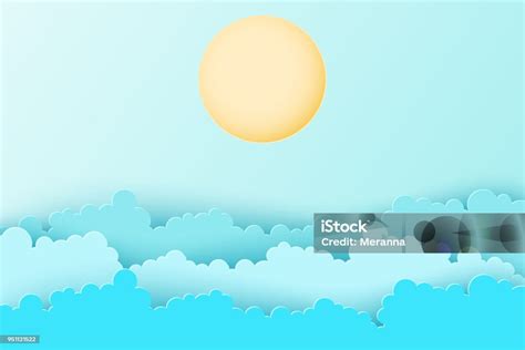 현대 종이 예술 구름 그리고 태양입니다 귀여운 만화 파스텔 색상에 솜 털 구름과 하늘 흐린 날씨입니다 종이 접기 스타일 0명에