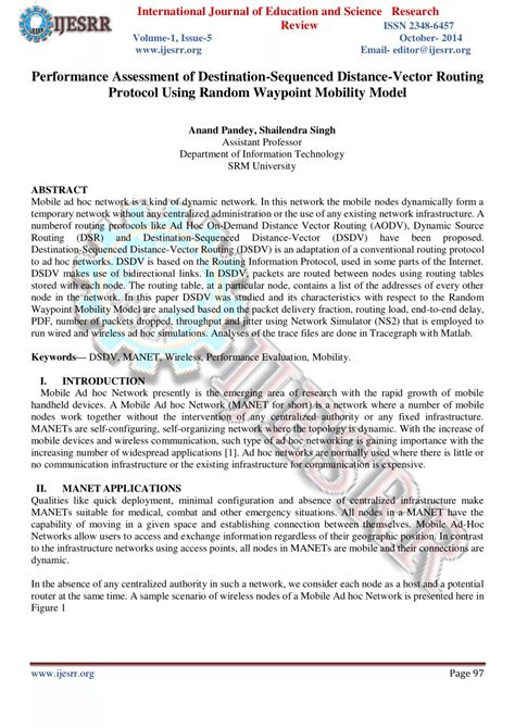 pdf performance assessment of destination sequenced distance vector