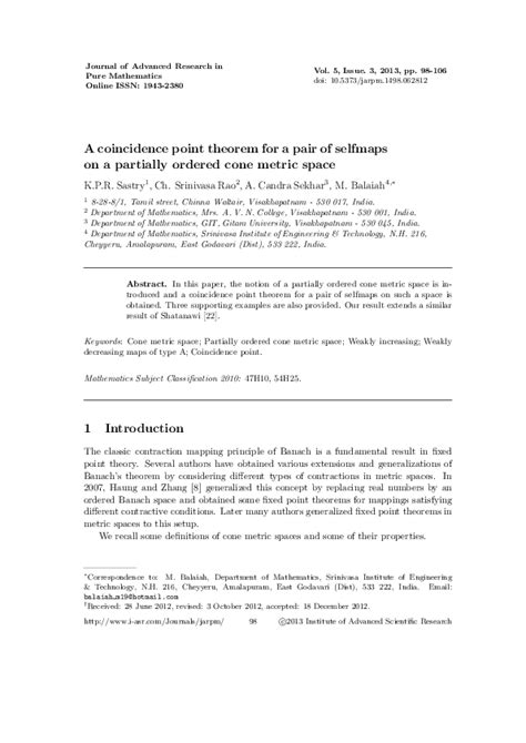 Pdf A Coincidence Point Theorem For A Pair Of Selfmaps On A Partially Ordered Cone Metric Space