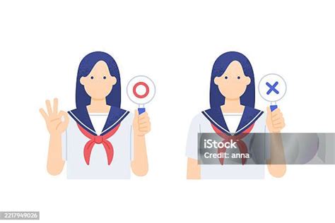 여름 선원 유니폼을 입은 여학생의 상체 벡터 일러스트 레이 션은 O와 X 표지판을 들고 있습니다 16 17 살에 대한 스톡 벡터 아트 및 기타 이미지 Istock