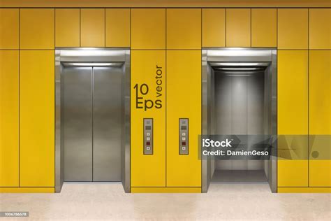 크롬 금속 사무실 건물 엘리베이터 문입니다 열리고 닫힌 변종입니다 현실적인 벡터 일러스트 레이 션 노란색 벽 패널 사무실 건물