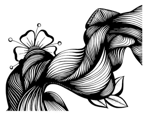 추상 흑백 라인 아트 배경 꽃 패턴으로 파도 착시 손으로 그린 벡터 낙서 그림 그래픽 스케치 격리 된 디자인 요소 프리미엄 벡터