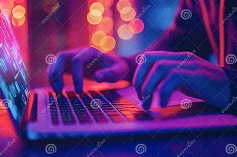 Software Developer Writing Code On Laptop Keyboard In Neon Light Stock Image Image Of Code