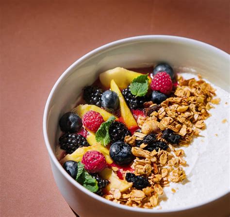 Fresh Fruit Yogurt Bowl On Elegant Brown Background Stock Image Image