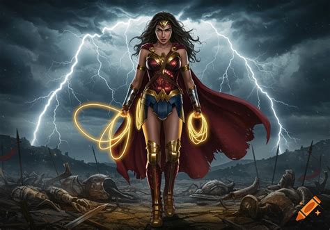 Wonder Woman In Glowing Armor Looks Up At Neon Rings And Beams In A