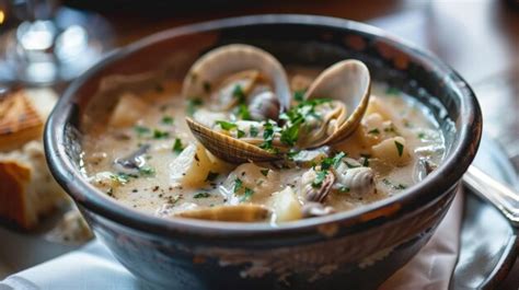 Hearty Clam Chowder Delight In Rustic Bowl Premium Ai Generated Image
