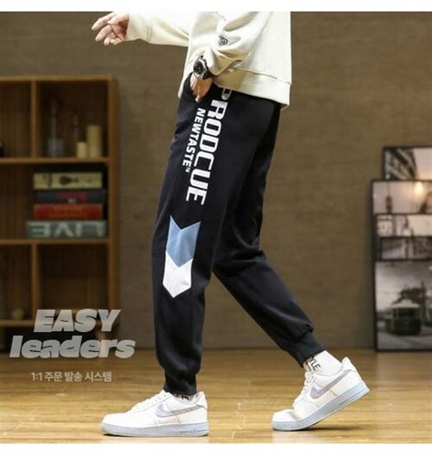 남자 조거 슬랙스 9부 가을 트레이닝복 캐주얼 일자 팬츠 프린트 배색 남성 El3 티몬