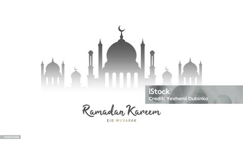 라마단 카림 배경입니다 흰색 바탕에 모스크 실루엣입니다 거룩한 달의 무슬림 잔치 라마단과 무슬림 휴가를 위한 이드 무바라크 인사말 카드 템플릿 0명에 대한 스톡 벡터 아트
