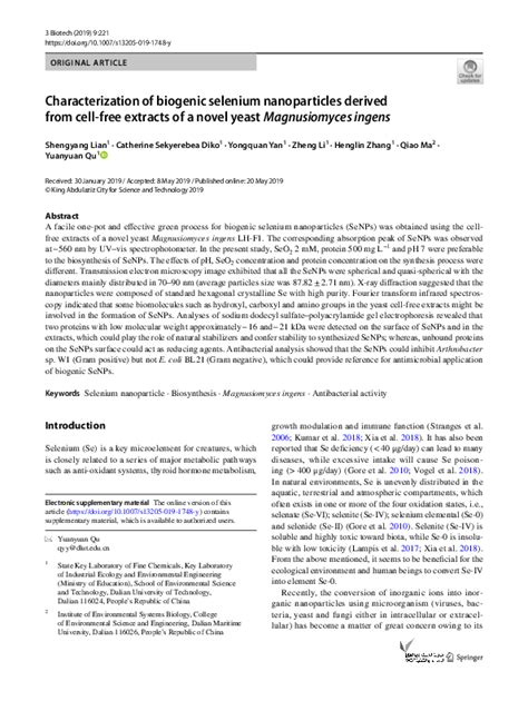 Pdf Characterization Of Biogenic Selenium Nanoparticles Derived From Cell Free Extracts Of A
