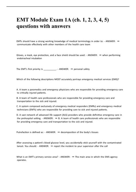 EMT Module Exam 1A Ch 1 2 3 4 5 Questions With Answers EMT Stuvia US