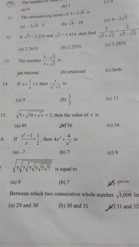A 0 B 111 The Rationalizing Factor Of 5 26 Is A −26 −5 B 6 −10