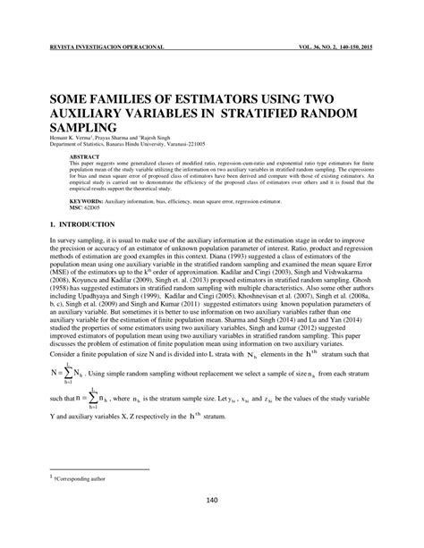 Pdf Some Families Of Estimators Using Two Auxiliary Variables In Stratified Random Sampling