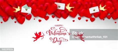 3d 현실 붉은 마음 핸드 레터링 문자 봉투 및 검은 배경에 새 Cupids 함께 발렌타인 데이 배경 벡터 일러스트 레이 션 3