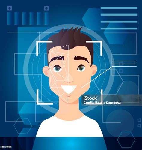 생체 인식 스캐닝 남자의 얼굴 디지털 인식 Id 스캔 미래 지향적 인 디지털 배경의 개념 얼굴 스캔 화면에서 확인 벡터 그림입니다 사람 얼굴에 대한 스톡 벡터 아트 및 기타