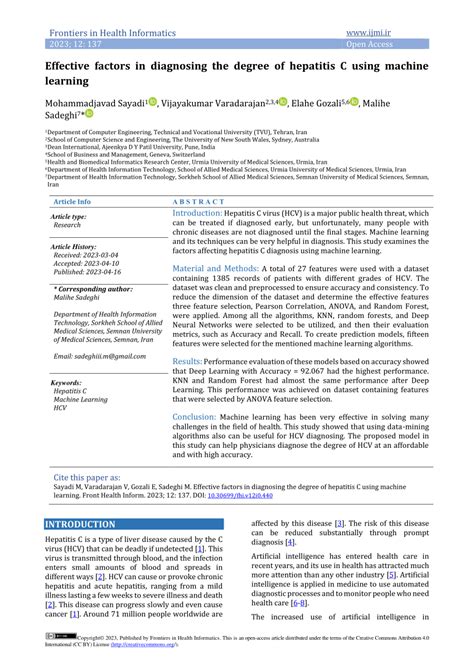 Pdf Effective Factors In Diagnosing The Degree Of Hepatitis C Using Machine Learning