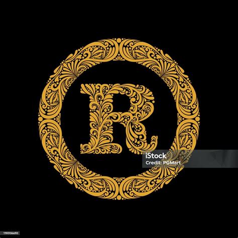 둥근 프레임의 프리미엄 우아한 대문자 R은 꽃 장식으로 만들어졌습니다 바로크 양식 모노그램 엠블럼 트랜드 디자인 알파벳 R에 대한 스톡 벡터 아트 및 기타 이미지 Istock