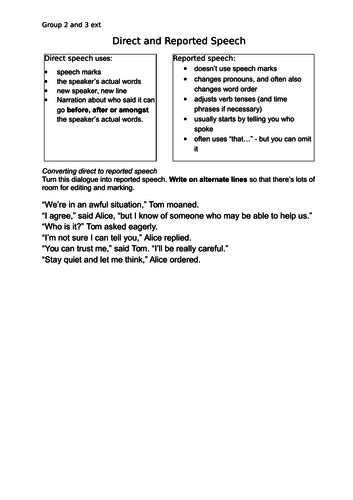 Reported And Direct Speech Lesson Plan And Activites Teaching Resources