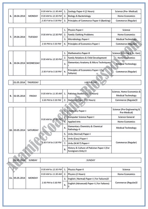 Adamjee Coaching Date Sheet Of Xi And Xii All Faculties