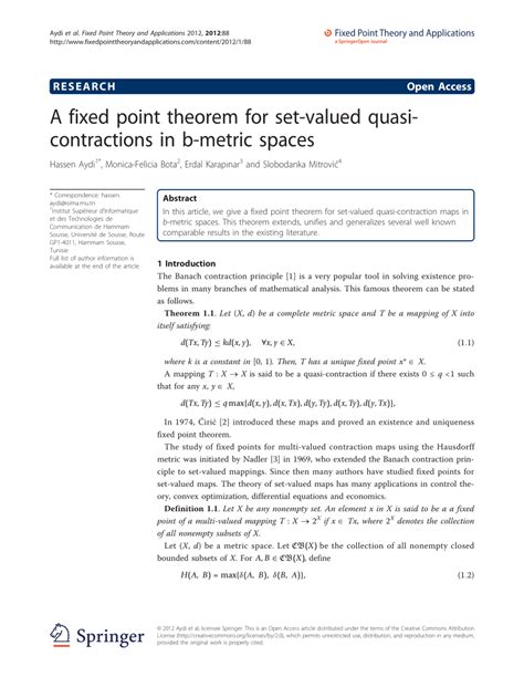 PDF A Fixed Point Theorem For Set Valued Quasi Contractions In
