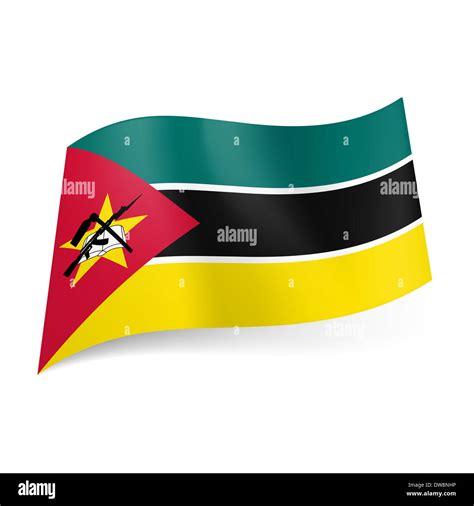 National Flag Of Mozambique Green Black And Yellow Horizontal Stripes Star Book And Weapon