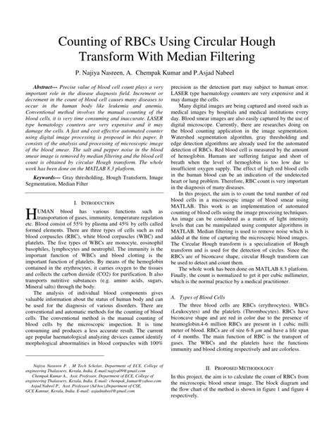 Pdf Counting Of Rbcs Using Circular Hough Transform With Median Filtering