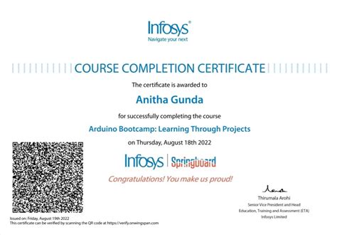 Arduino Bootcamp Learning Through Projects Online Internship Via Infosys Springboard Gunda