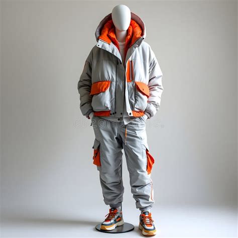 Grey And Orange Puffer Jacket Outfit Modern Cargo Pants And Sneakers Stock Illustration