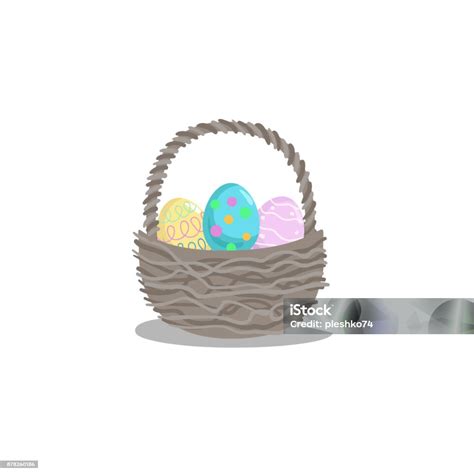 만화 부활절 화려하 고 페인트 계란 바구니를 유행 디자인 장식 벡터 일러스트 아이콘입니다 피크닉 및 부활절 간단한 평면 기호입니다 0명에 대한 스톡 벡터 아트 및 기타