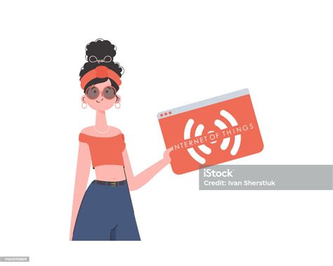 소녀는 손에 Iot 로고를 쥐고 있습니다 사물 인터넷 및 자동화 개념 격리 플랫 스타일의 벡터 일러스트레이션입니다 가상현실에 대한 스톡 벡터 아트 및 기타 이미지 Istock