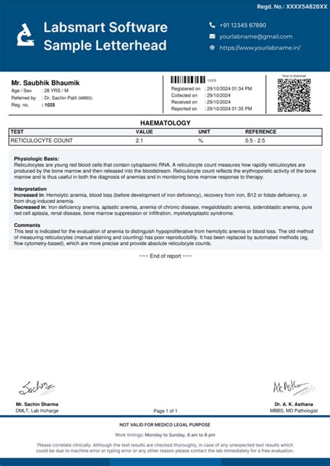 Reticulocyte Count Report Format Ms Word And Pdf
