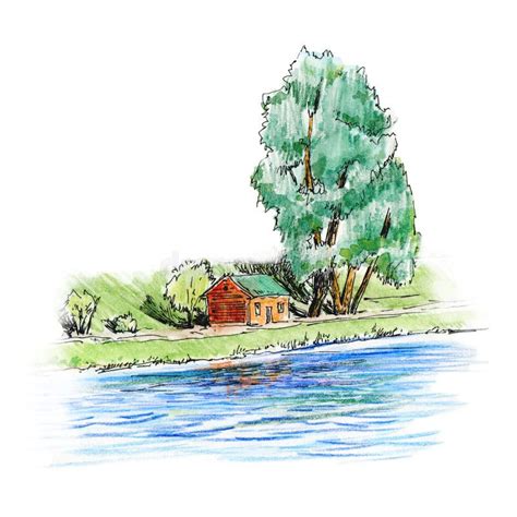 Landscape House Tree And River Stock Illustration Illustration Of Lake Drawn