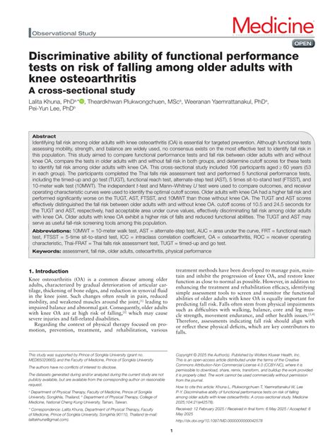 Pdf Discriminative Ability Of Functional Performance Tests On Risk Of Falling Among Older