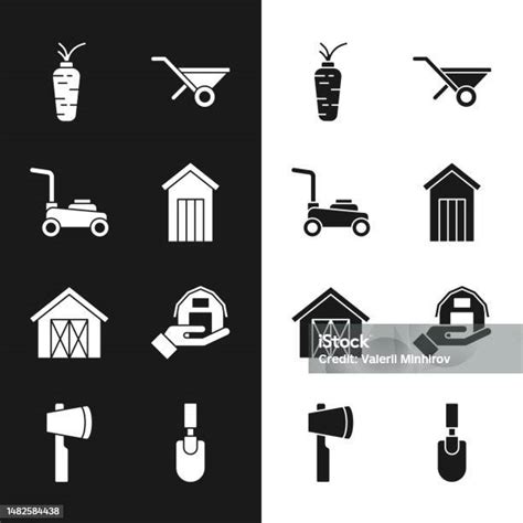 나무 야외 화장실 잔디 깎는 기계 당근 수레 농가 손 정원 흙손 삽 삽 및 도끼 아이콘을 설정하십시오 벡터 건강한 생활방식에 대한 스톡 벡터 아트 및 기타 이미지 Istock