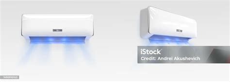 차가운 바람이 부는 에어컨과 3d 렌더링 세트의 각도 보기 상쾌한 컨디셔닝 효과 실내 온도와 기후를 제어하기 위한 현대식 전자 기기 0명에 대한 스톡 사진 및 기타 이미지