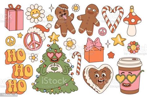 그루비 히피 크리스마스 스티커 크리스마스 트리 선물 평화 호 커피 진저 브레드 크리스마스에 대한 스톡 벡터 아트 및 기타 이미지 크리스마스 스티커 명랑한 Istock