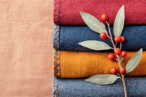 Colorful Stacked Fabrics In Shades Of Red Blue Yellow And Green With A Sprig Of Leaves And