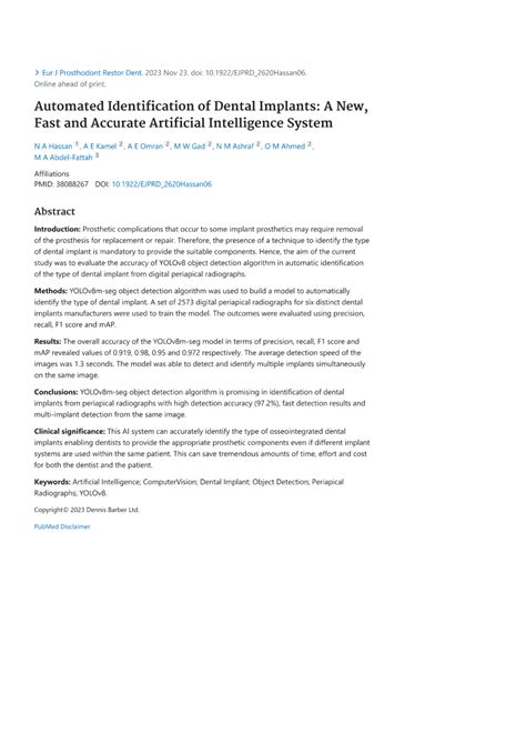 Pdf Automated Identification Of Dental Implants A New Fast And Accurate Artificial